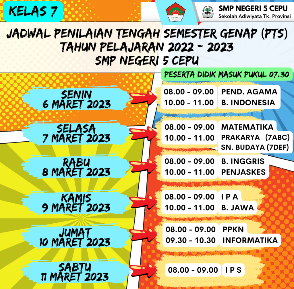JADWAL PENILAIAN TENGAH SEMESTER (PTS) GENAP 2022-2023 SMP NEGERI 5 CEPU